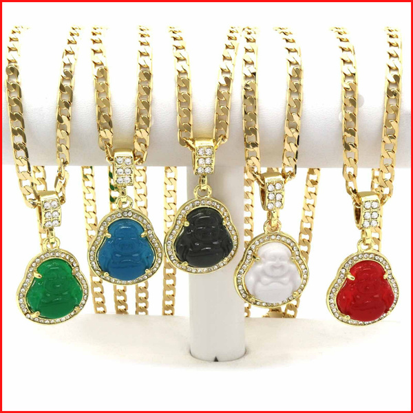 14K Gold Plated Green Blue Black Red White Buddha 5mm 24" Cuban ...