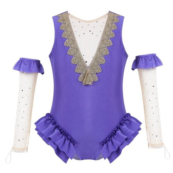 Kids Girls Stage Show Costume Sleeveless Splice V-Back Leotard with Arm ...