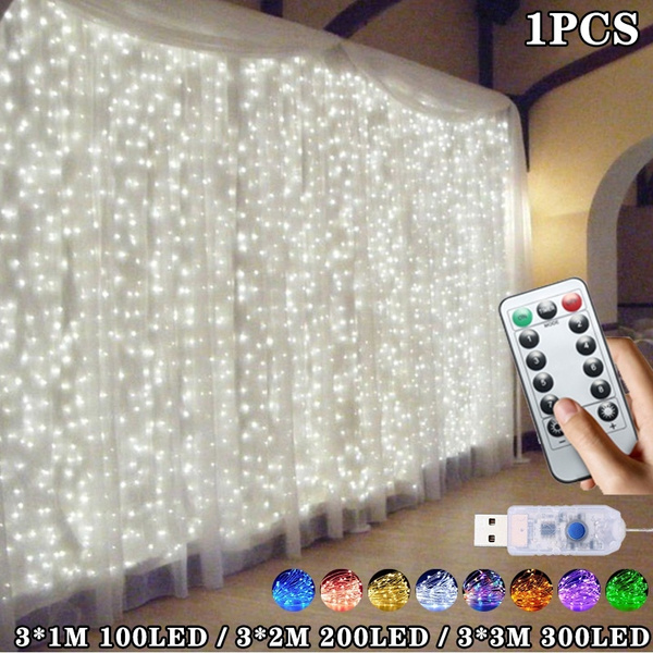 New 3x3m 300 LED Remote-control Copper Wire Curtain Light 8 Modes USB 9 ...
