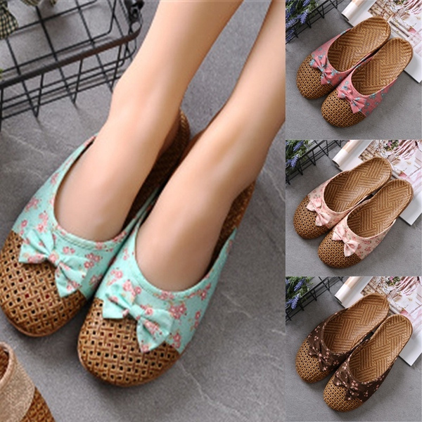 Women Linen Casual Flower Bow Indoor Sandals Retro Comfortable Flat ...