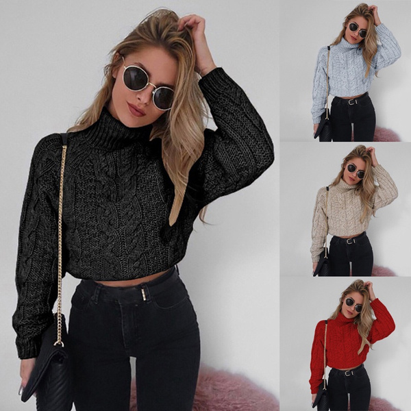 Women's Short Long Sleeve High Collar Navel Twist Sweater Navel Top ...