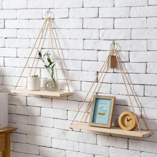 Wood Rope Hanging Wall Shelf Vintage Floating Storage Rack Wall Rope ...
