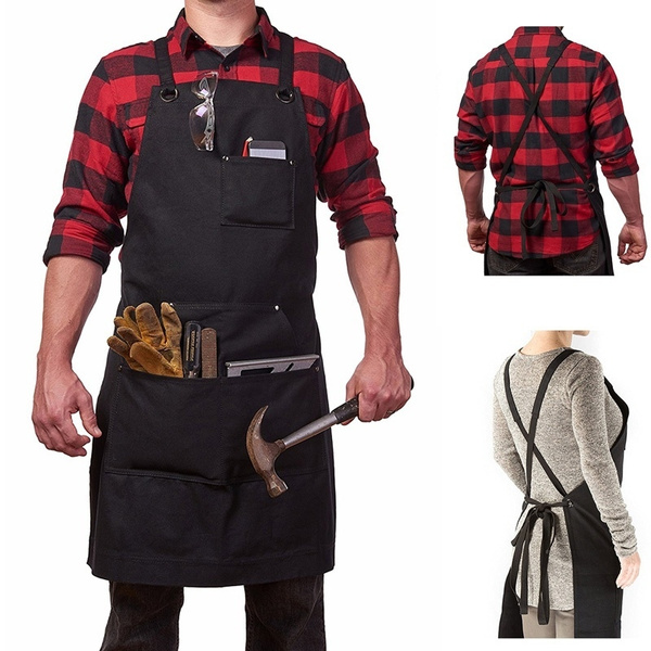 Black Work Apron Carpenter Tool Pockets Cross-Back Straps Canvas Apron ...