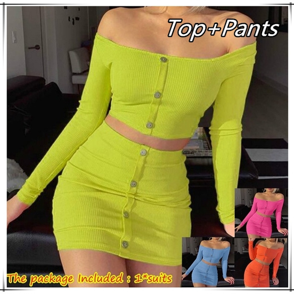 Women Two Piece Sets Buttons Long Sleeve Crop Top Mini Skirt Sexy Club