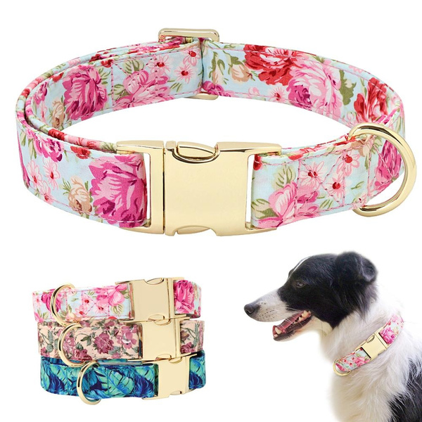 Fancy Floral Painting Dog Collar Durable Metal Gold Buckle and D Ring ...