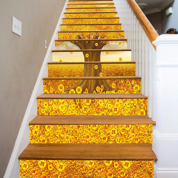 3D Gold Tree Stair Riser Stickers Self-Adhesive Staircase Stickers ...