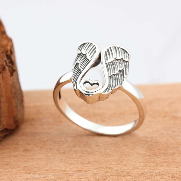 Fashion 925 Sterling Silver Ring Angel Wing Heart Shape Love Wedding ...