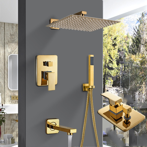 12inch Golden Shower Faucets Set Wall Mount Ultrathin Rainfall Gold ...