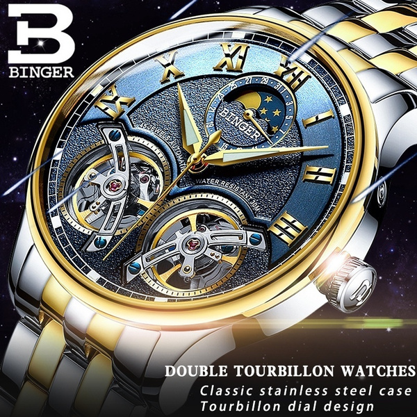 BINGER Double Tourbillon Switzerland Men'S Automatic Black Gold Watch ...
