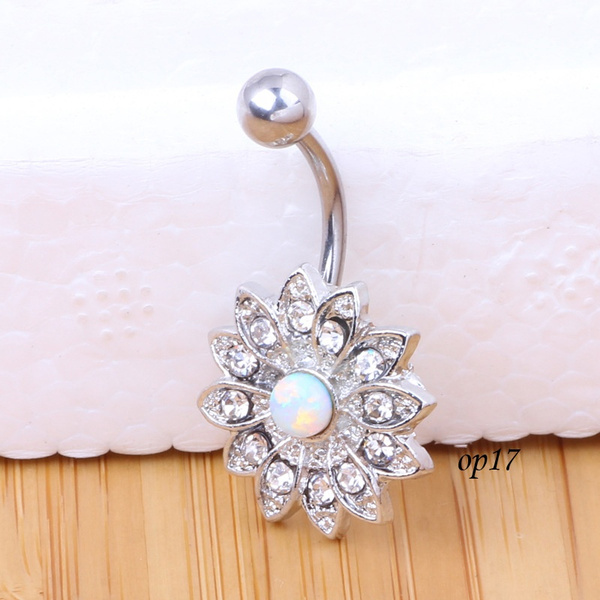 1 Pc Opal Crystal Sunflower Navel Button Ring Medical Steel Sexy Belly Navel Ring Body Piercing ...