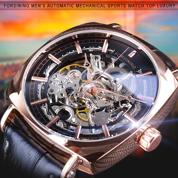 Forsining Noir En Cuir Véritable Royal Montre De Luxe Transparent ...