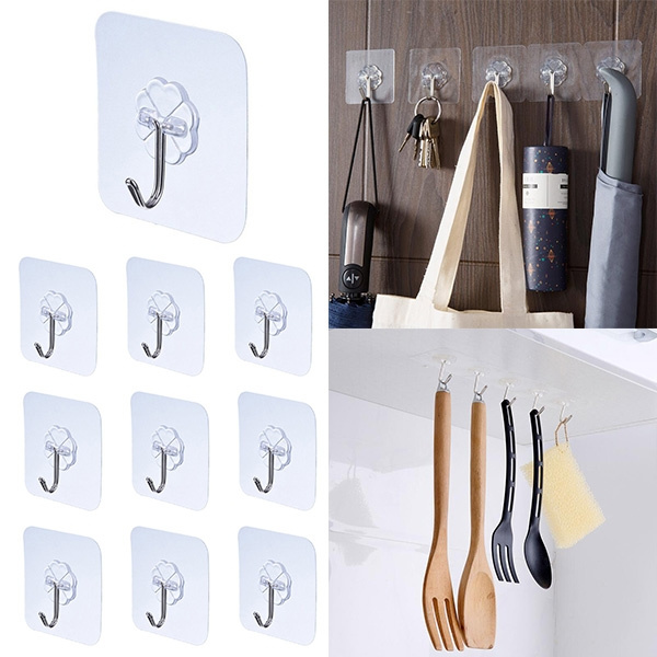 10/20Pcs Reusable Seamless Hooks Transparent Strong Self Adhesive No ...