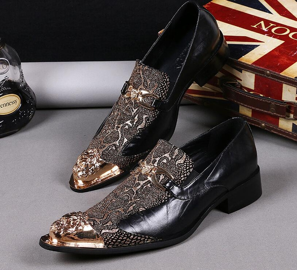 New Men Shoes Luxury Brand Loafers Gold Genuine Patent Leather Prom ...