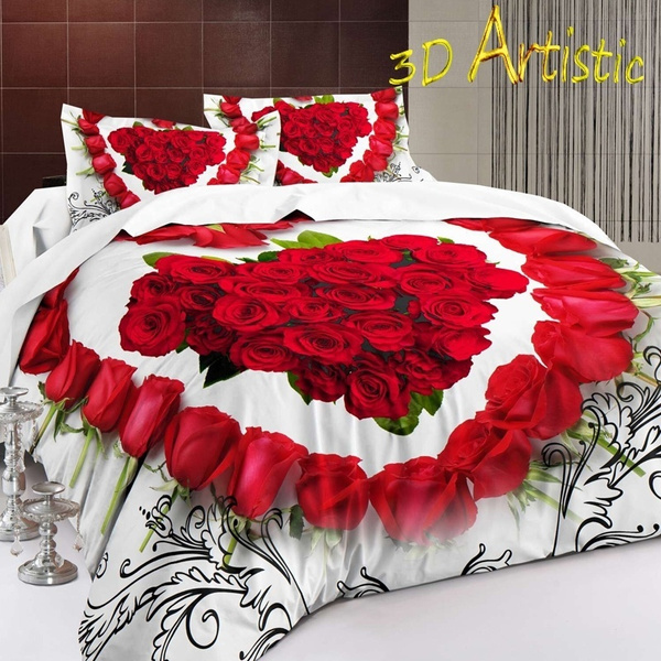 3/4 Pcs Rose Printing Lover Duvet Cover Set Quilt Cover Bed Linen Queen ...