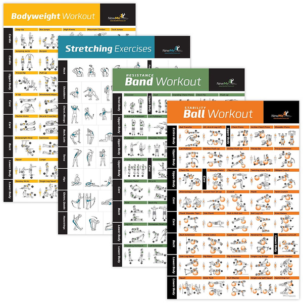 4-Pack Home Gym Exercise Posters (BODYWEIGHT, Stretching, Resistance ...