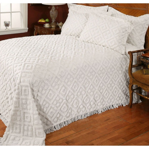 Full size Diamond Pattern Cotton Chenille Bedspread in White | Wish