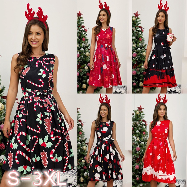 Womens Vintage Sleeveless Santa Christmas 1950s Retro Xmas Evening Prom ...