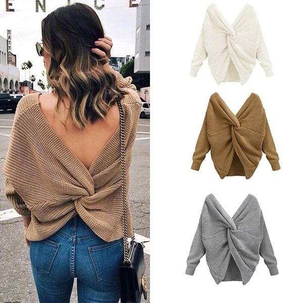 Women Winter Long Sleeve Backless Sweaters Knitting Crossed Sweater | Wish
