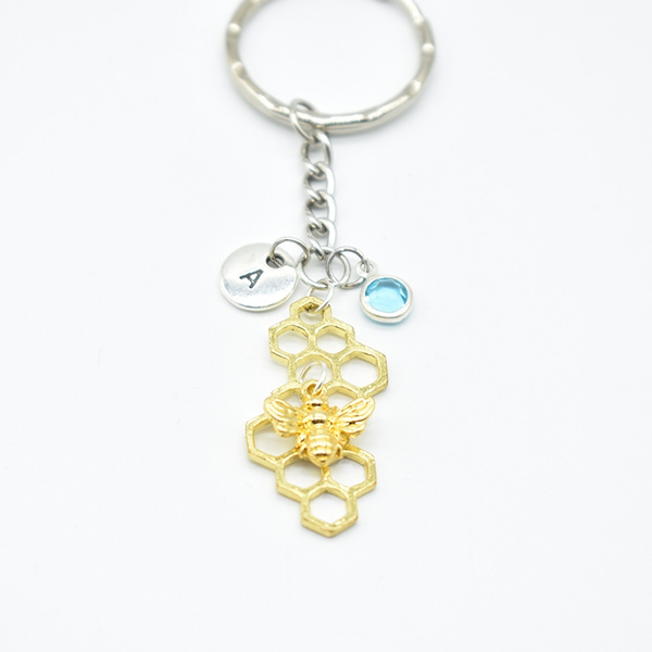 2020 Gold Bumble Bee Keychain Honeycomb Keyring Gift For Bee Keeper ...