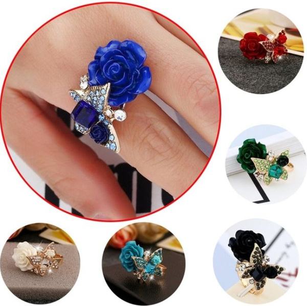 Fashion Women Butterfly Rose Flower Crystal Adjustable Finger Ring ...