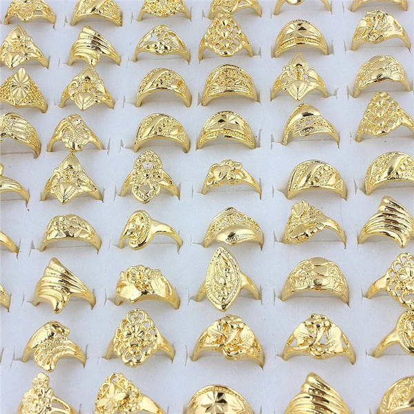 Wholesale 50pcs Mix Wedding Gold Color Rings Engagement Flower Ring ...
