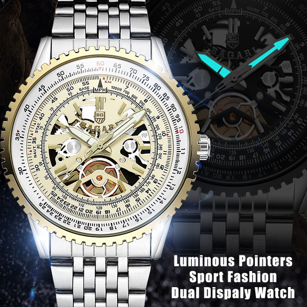 BAGARI Watches Men Stainless Steel Waterproof Watch Gold Luminous ...
