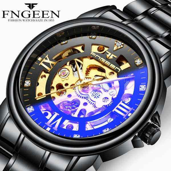 FNGEEN Men Automatic Watches Stainless Steel Skeleton Gold Mechanical ...