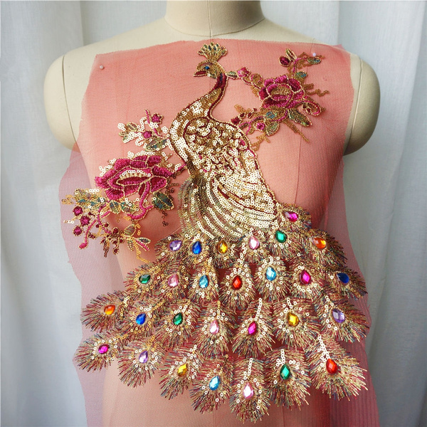 Sequin Embroidery Rainbow Rhinestone Peacock Lace Applique Collar Patch ...