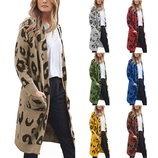 Women Long Knitted Leopard Print Cardigan Casual Plus Size Knit Outwear ...
