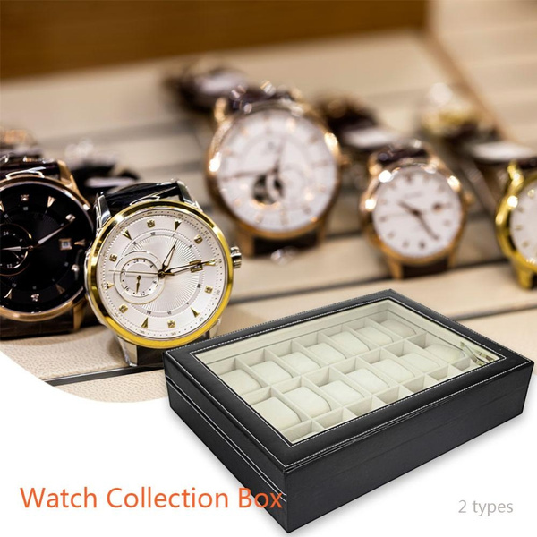 10/24 Compartments Black Leather Watch Storage Display Case Collection ...