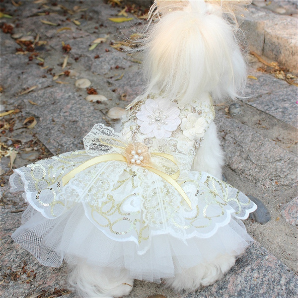 Dog Lace Dress Wedding Clothes Sequin Bow Mesh Bride Floral Pet Costume ...