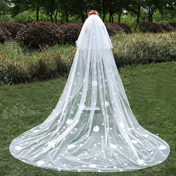 New White Wedding Veil Star Flower Extra Long Three-meter Veil Luxury ...
