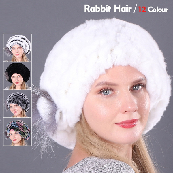 Simple Women Rex Rabbit Fur Knitted Berets Hats Casual Solid Color ...