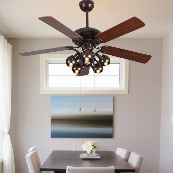 52" Vintage Rustic Ceiling Fan Light w/ 5 Reversible Blades Pull Chain ...