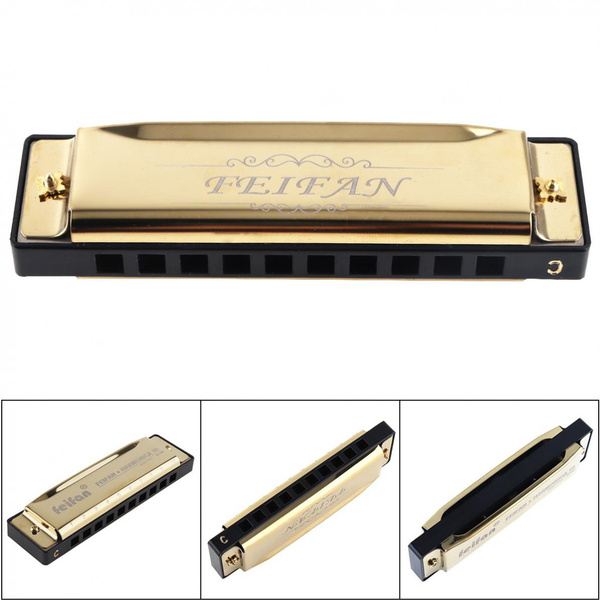 10 Holes 20 Tone Key C Matte Gold Harmonica Blues Harp Mouth Organ ...