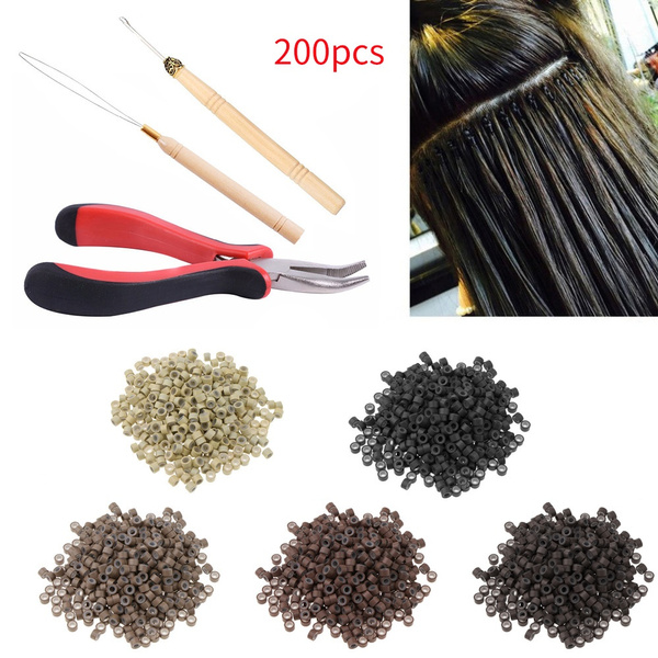 4pcs Hair Extension Kit 200pcs Microbeads Rings Pulling Needle Hook ...