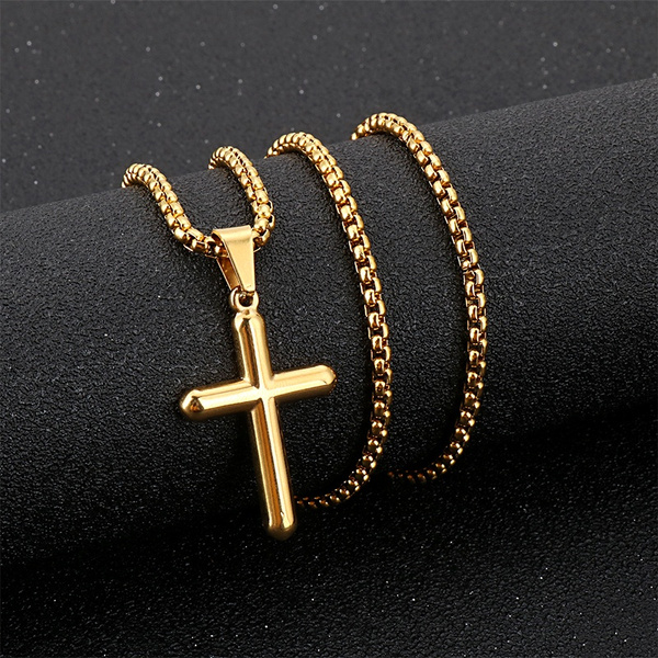 Women Mens Unisex Stainless steel gold smooth cross pendant necklace ...