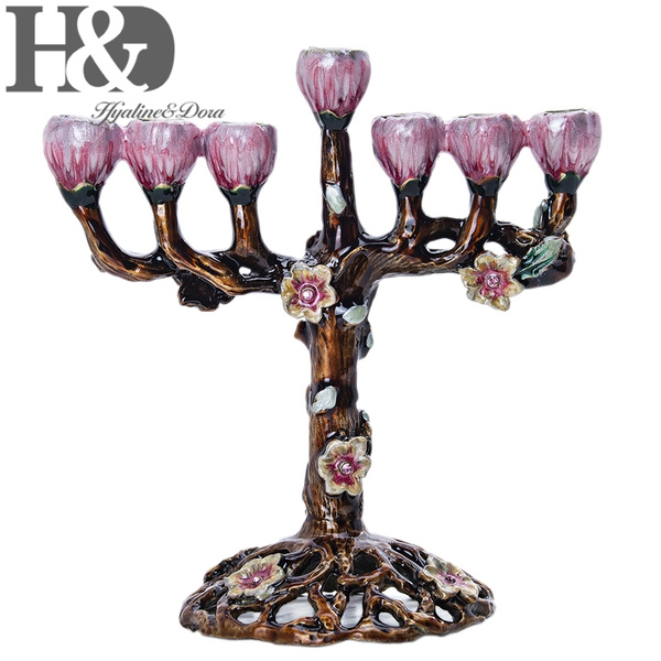 Menorah Hand Painted Enamel Candelabra 7 Branch With Pink Flower ...