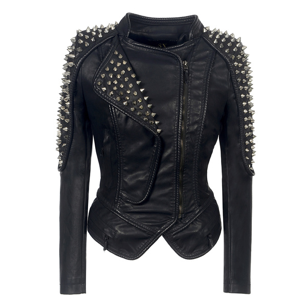 Women's Classic Leather Jacket Punk Rivet Motorcycle Jacket Light ...