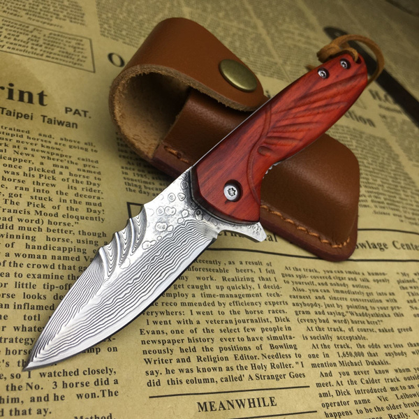 Damascus Steel Pocket Folding Fixed Blade Acid Branch Wood Handle ...
