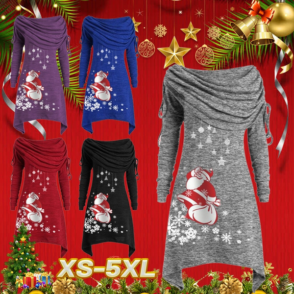 Women's Fashion Christmas Santa Claus Snowflake Print Ruched Long ...