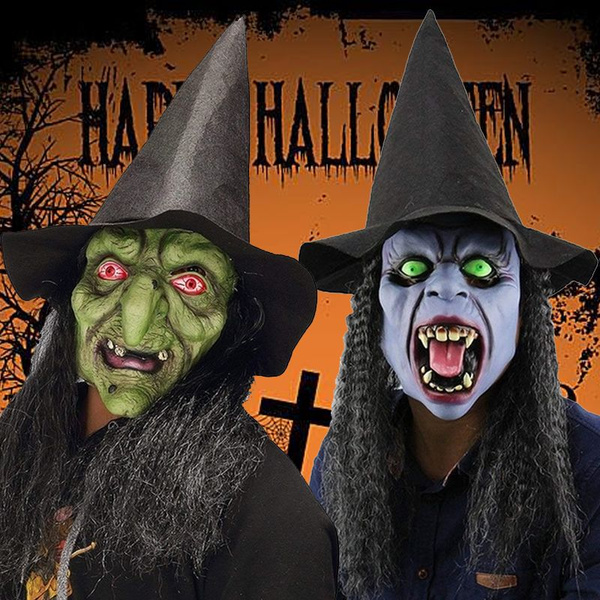 Ugly Long Hair Creepy Evil Witch Mask with Hat Masquerade Halloween ...