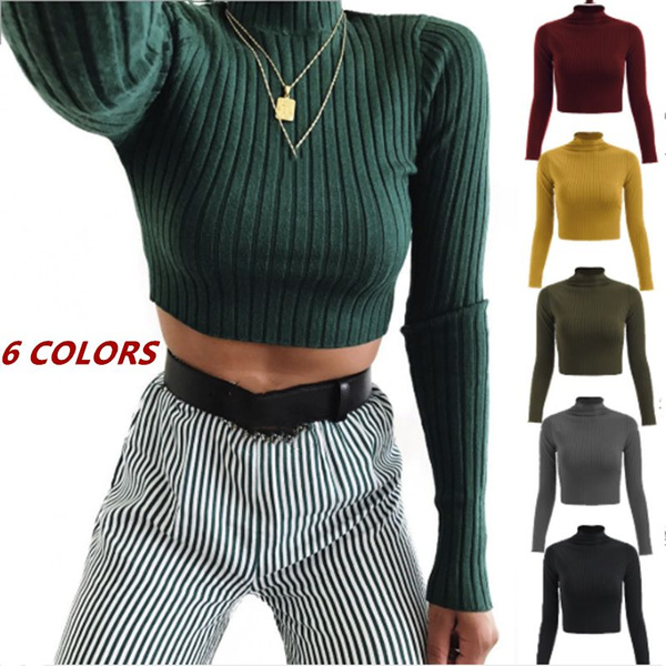 Women's Fashion Short Long-sleeved Solid Color Top Exposed Navel ...