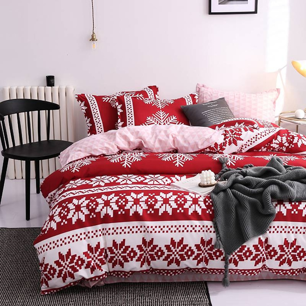 Classic Red Christmas Snowflake Bedding Set Bed Linen Duvet Cover Flat Sheet Pillowcase Sets ...