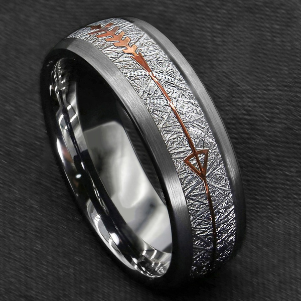 Mens 8mm Wide Silver Tungsten Carbide Rings White Meteorite and Arrow ...