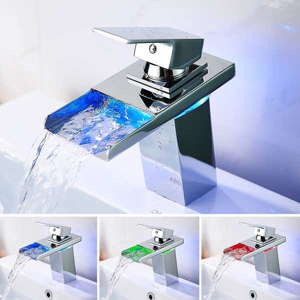 LED Basin Faucet Brass Waterfall Temperature Colors Change Bathroom ...