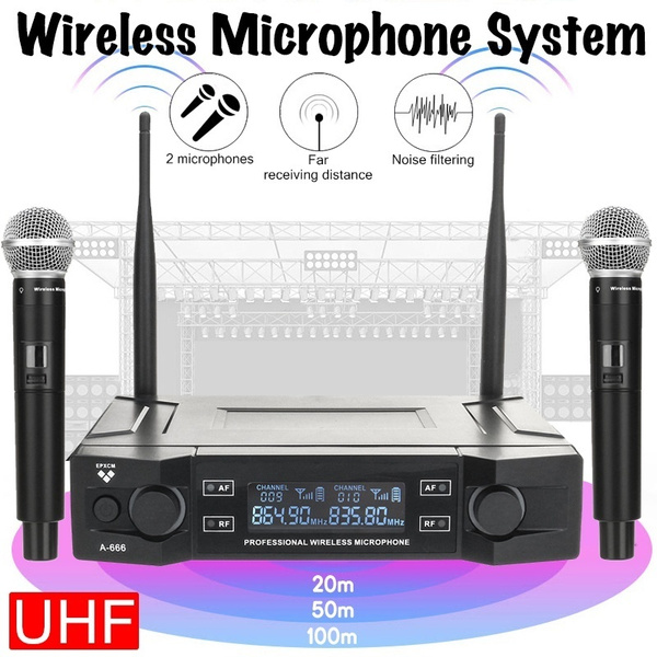 Professional 2 Channel UHF Wireless Dual Microphone Cordless Handheld ...
