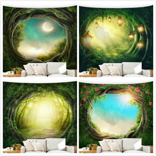 Trees Moon Tapestry Trees in Enchanted Forest Full Moon Artwork Girls ...