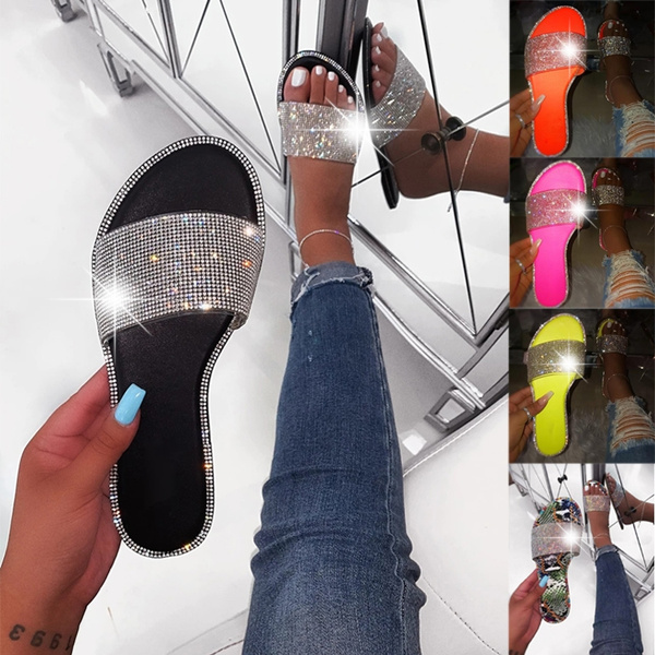 Fashion Flat Rhinestone Sandals Solid Color Casual Beach Bling Bling ...