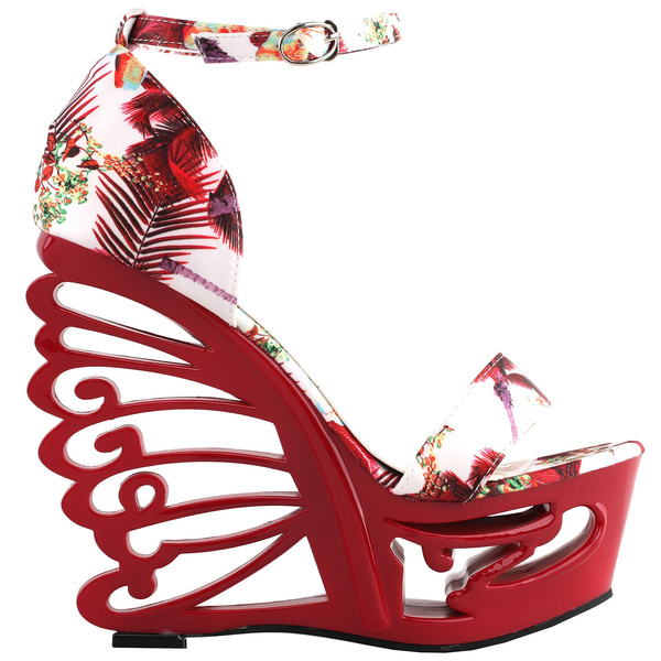 SHOW STORY Vintage Floral Print Heart Shaped Bride Wedge Butterfly Heel ...